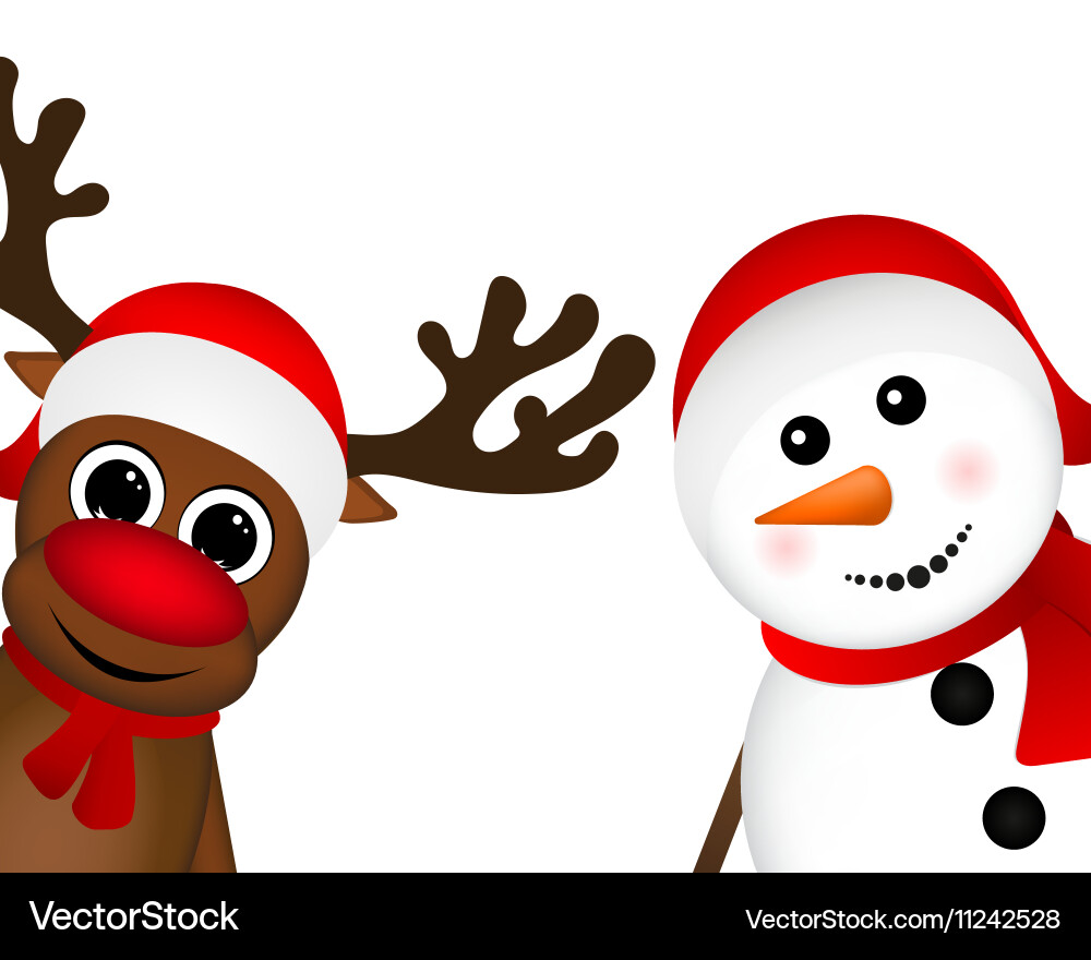 Snowman and reindeer peeking sideways Royalty Free Vector