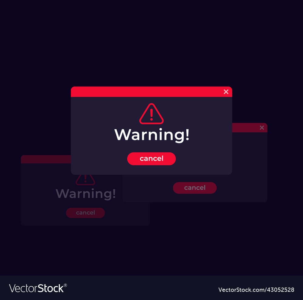 Warning error windows design dark mode Royalty Free Vector