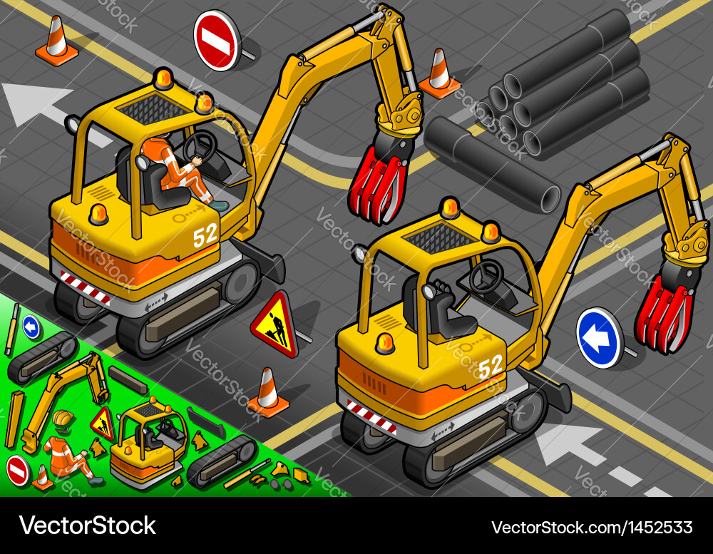 Isometric mini mechanical arm excavator in rear Vector Image