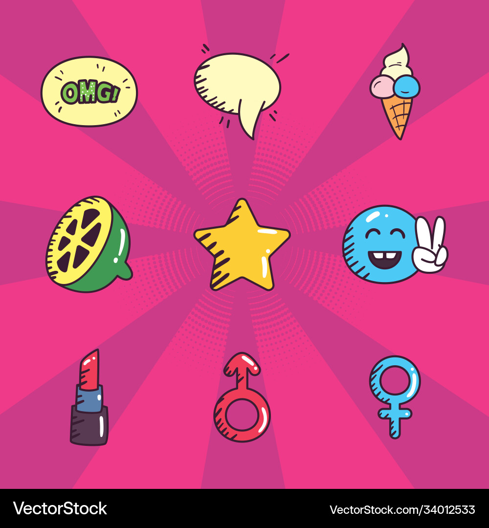 Pop art line and fill style icon set design Vector Image