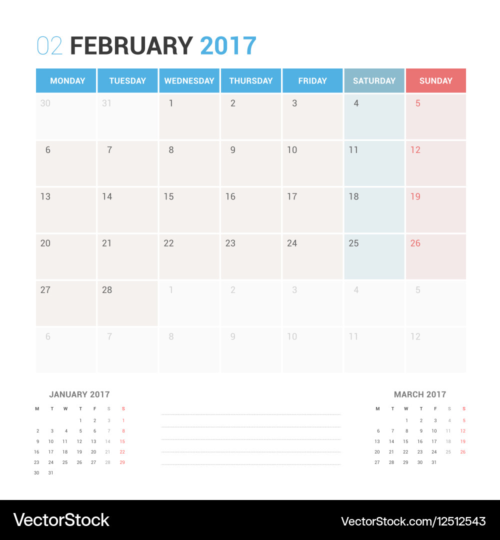 Calendar Planner for February 2017 Royalty Free Vector Image