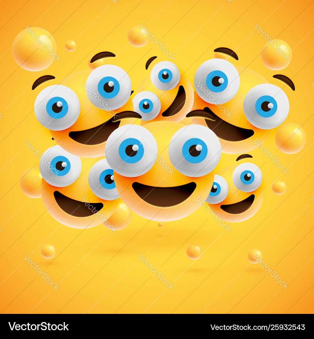 Realistic yellow emoticons in front a yellow Vector Image