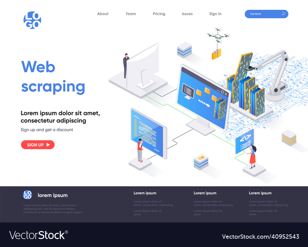 Web scraping isometric landing page Royalty Free Vector
