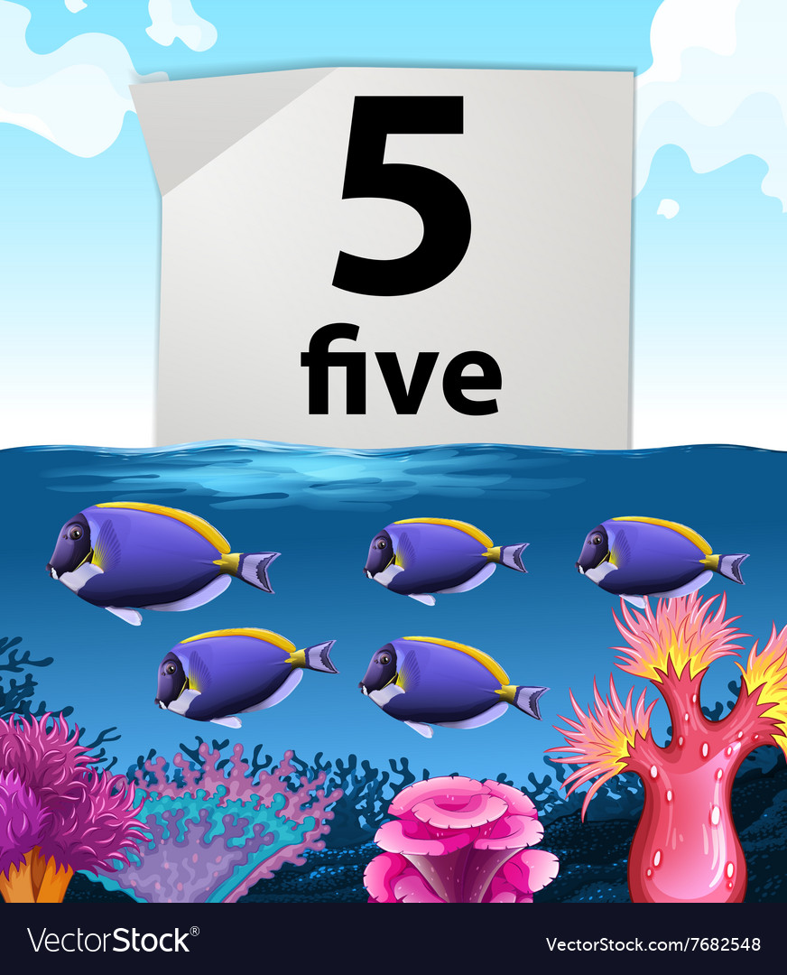 Number five and fish swimming underwater Vector Image