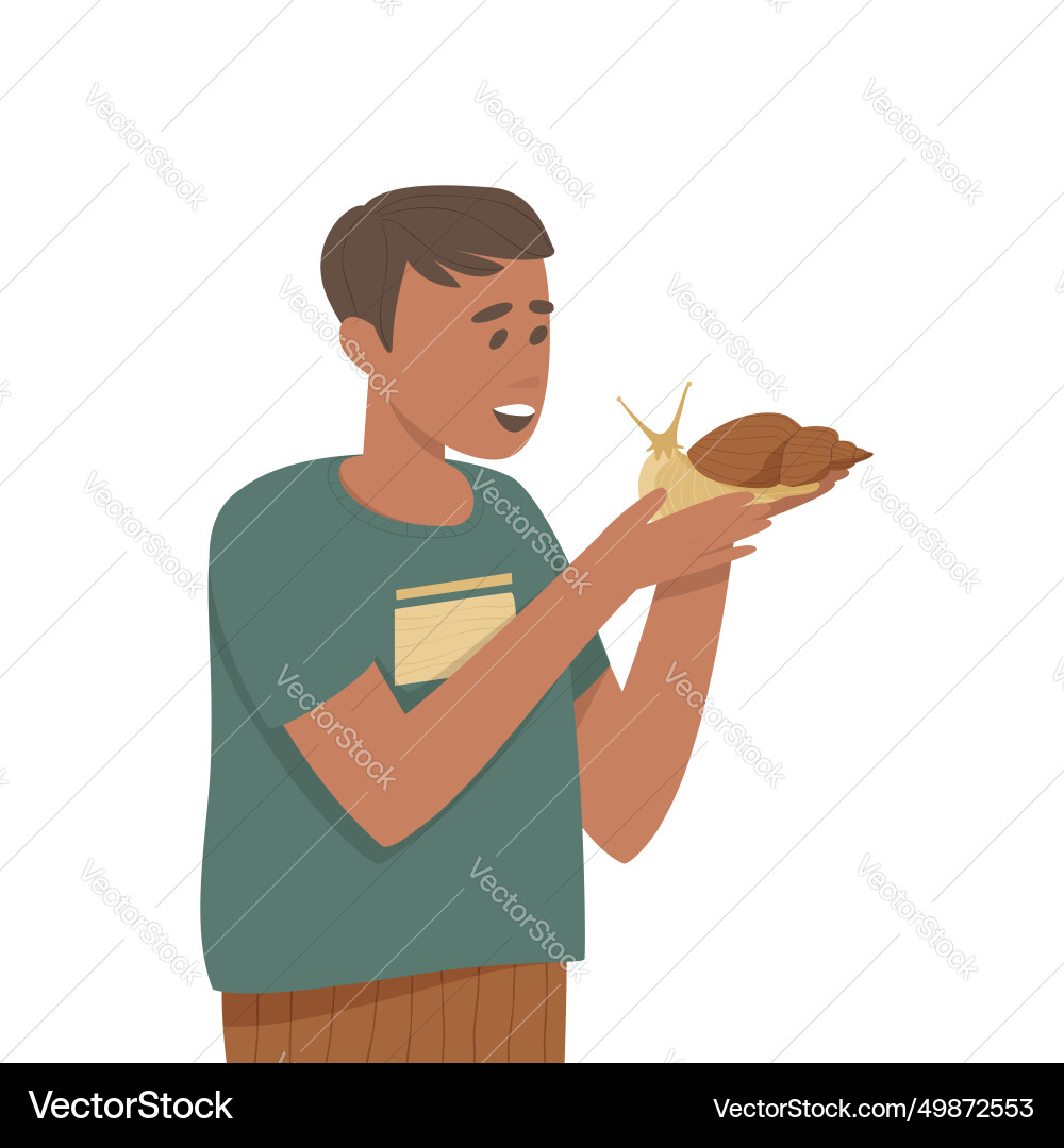 Boy is holding his big snail Royalty Free Vector Image