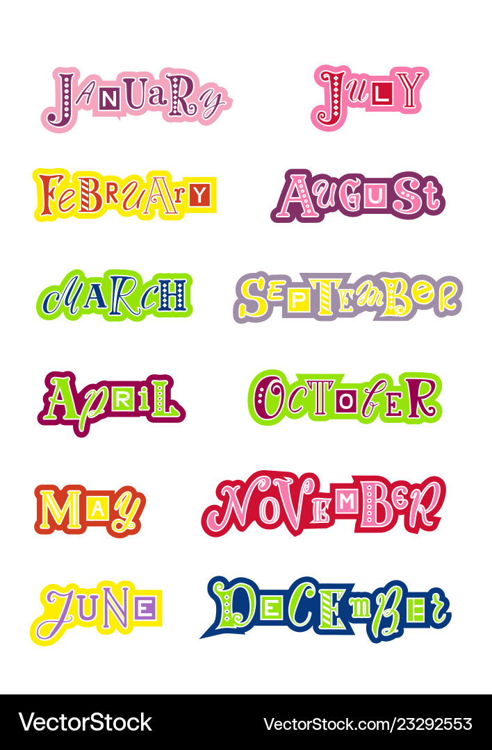 Colorful lettering months year Royalty Free Vector Image