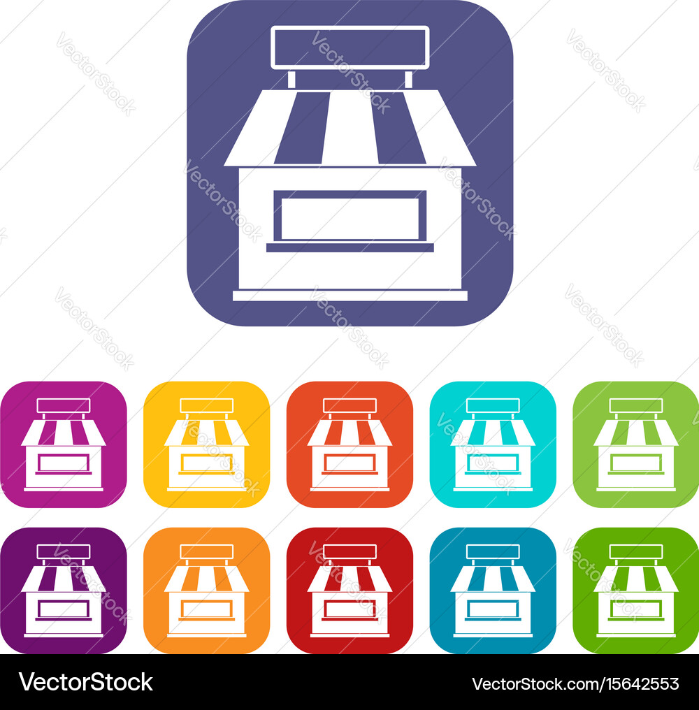 Shop building facade icons set flat Royalty Free Vector