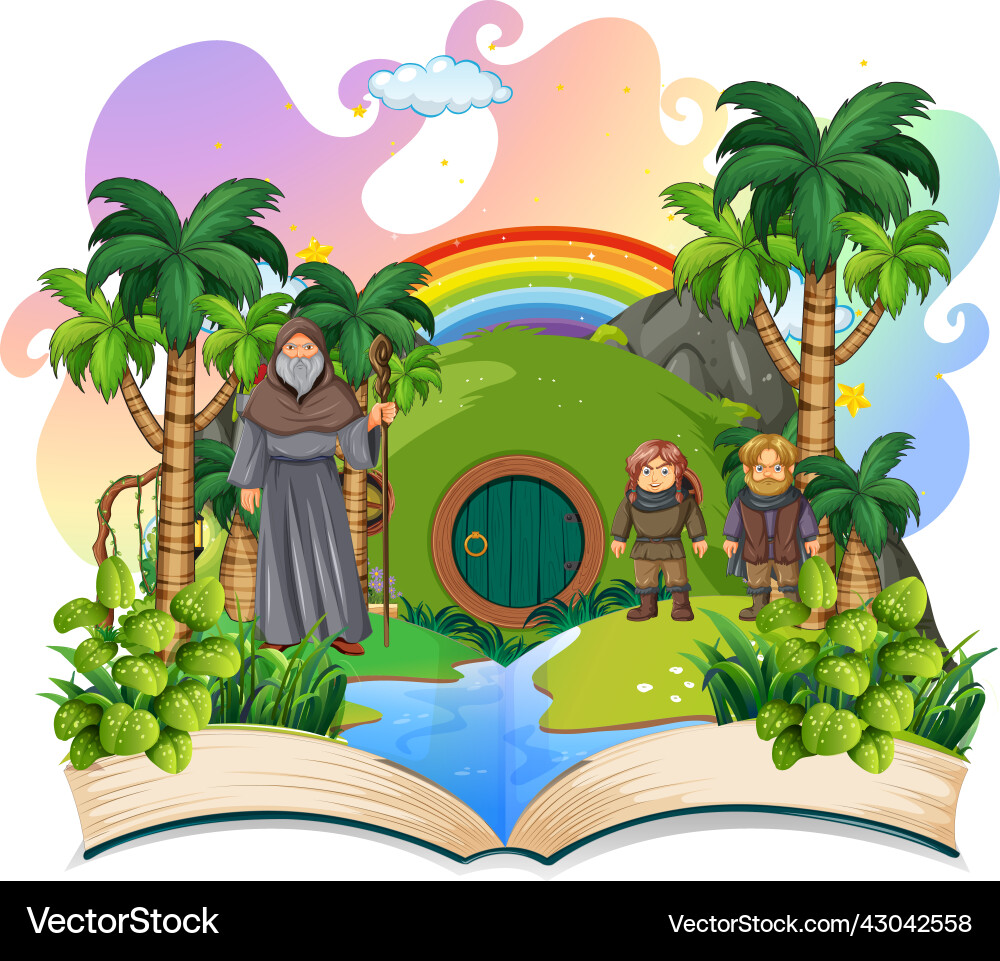 Medieval magic land scene on open book Royalty Free Vector