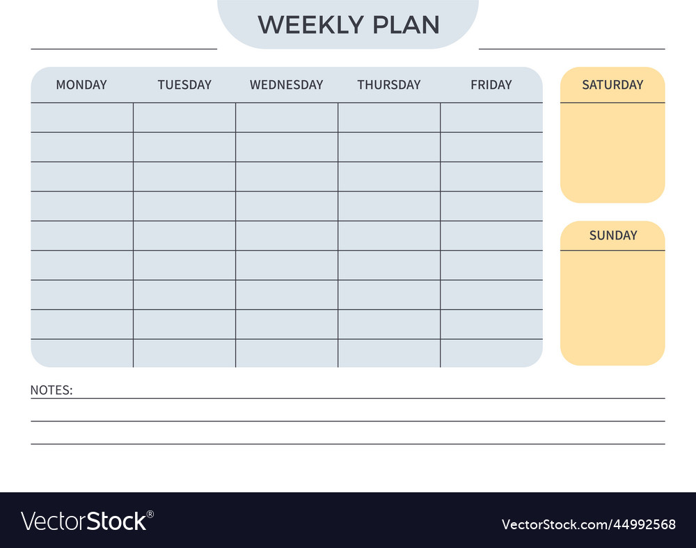 Weekly plan card template for notes Royalty Free Vector