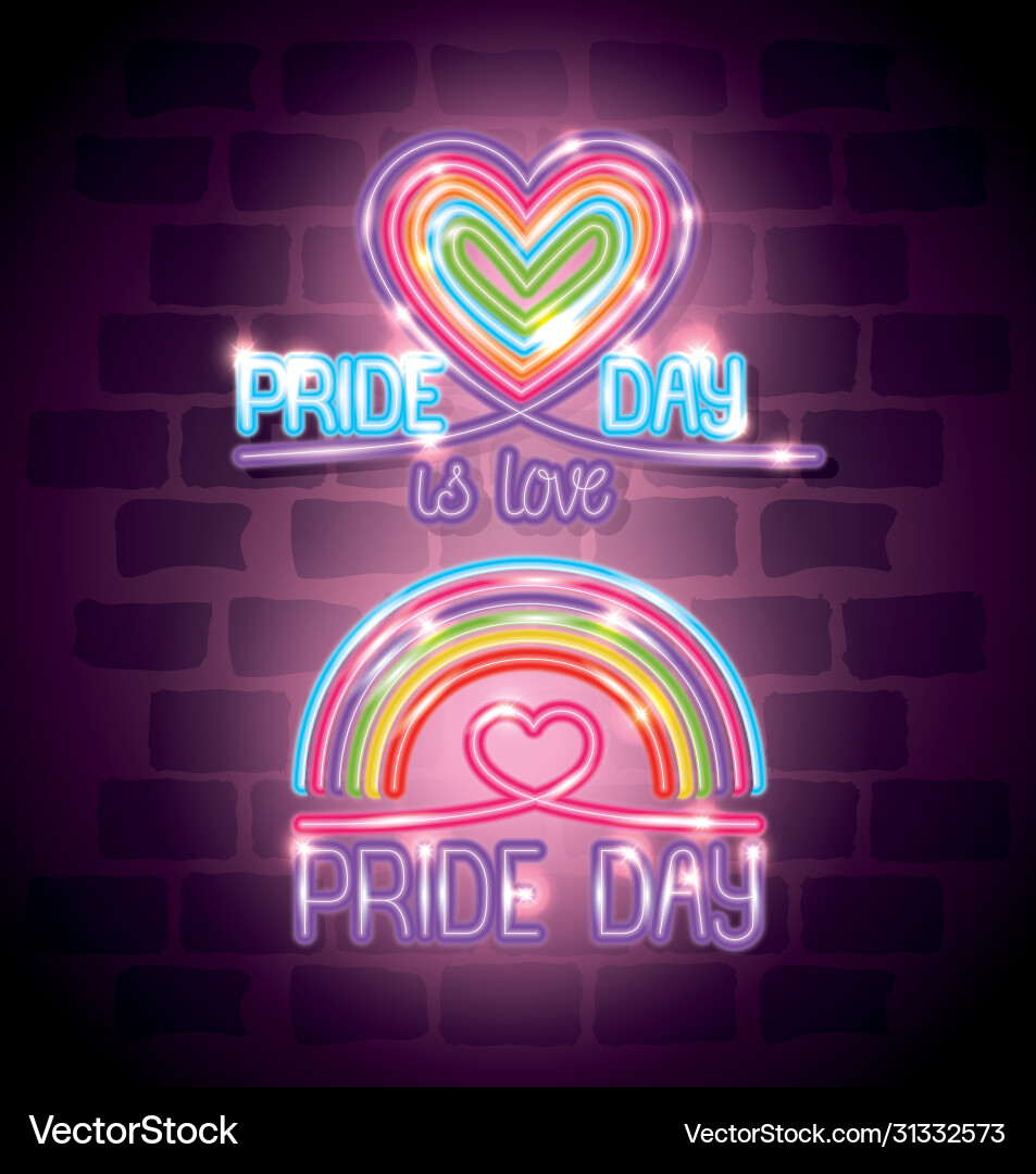 Pride day neon light with hearts and rainbow Vector Image
