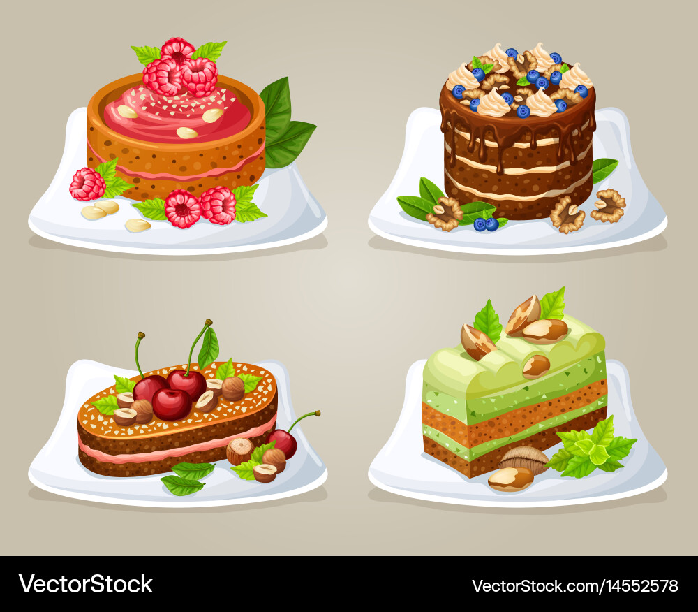 Colorful decorative cakes on plates set Royalty Free Vector