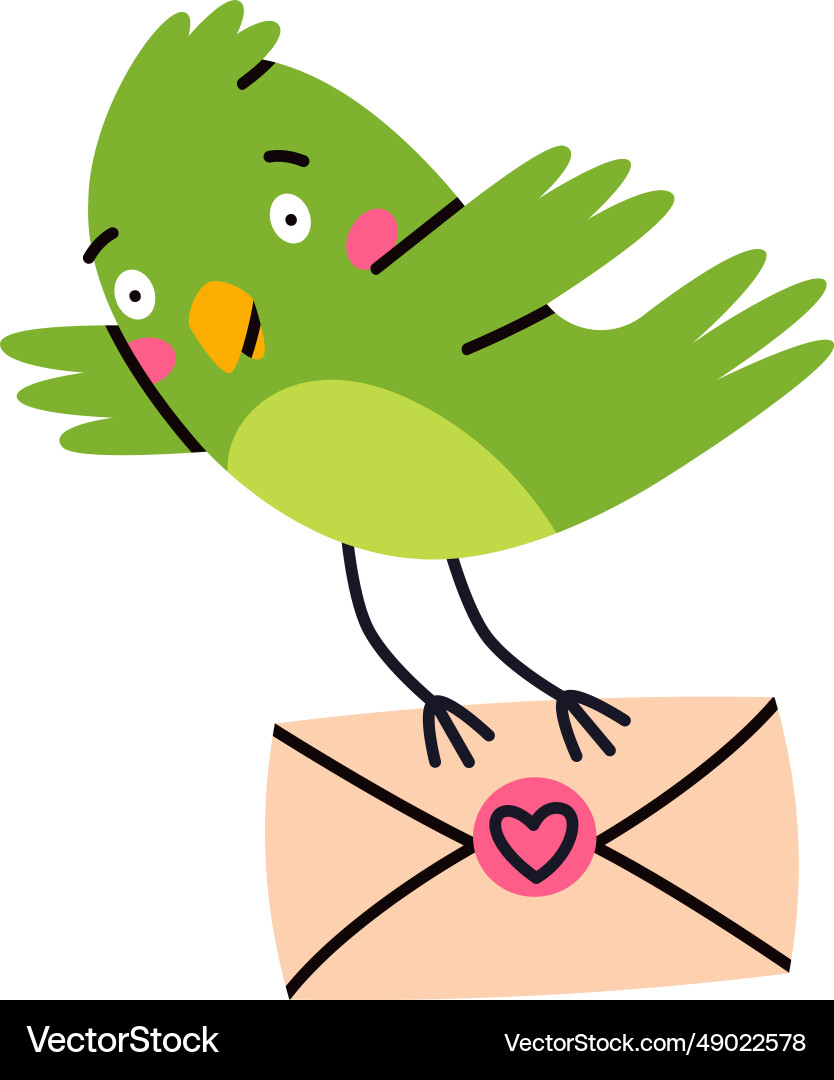 Green bird carry letter envelope flying with post Vector Image