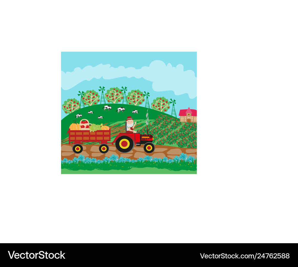 Tractor on field rural landscape Royalty Free Vector Image