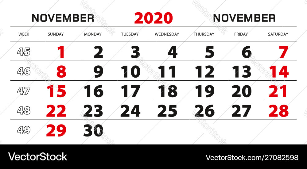 Wall calendar 2020 for november week start from Vector Image