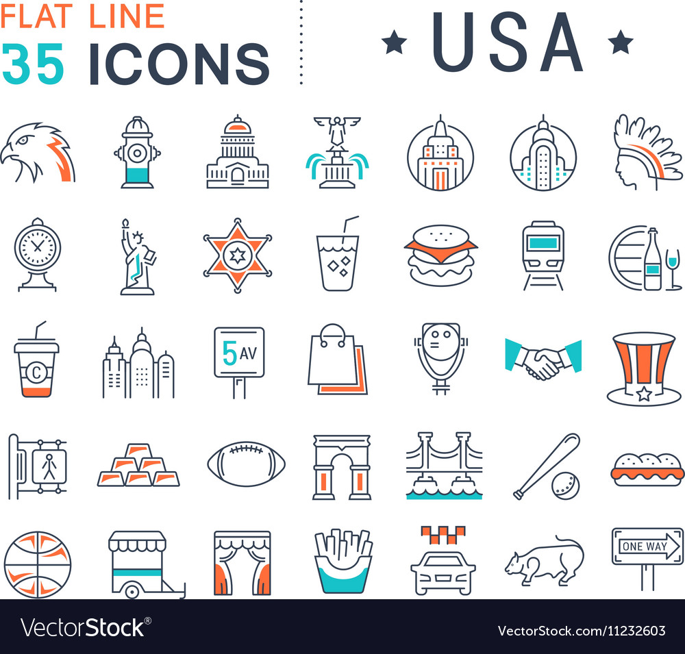 Set flat line icons usa and america Royalty Free Vector