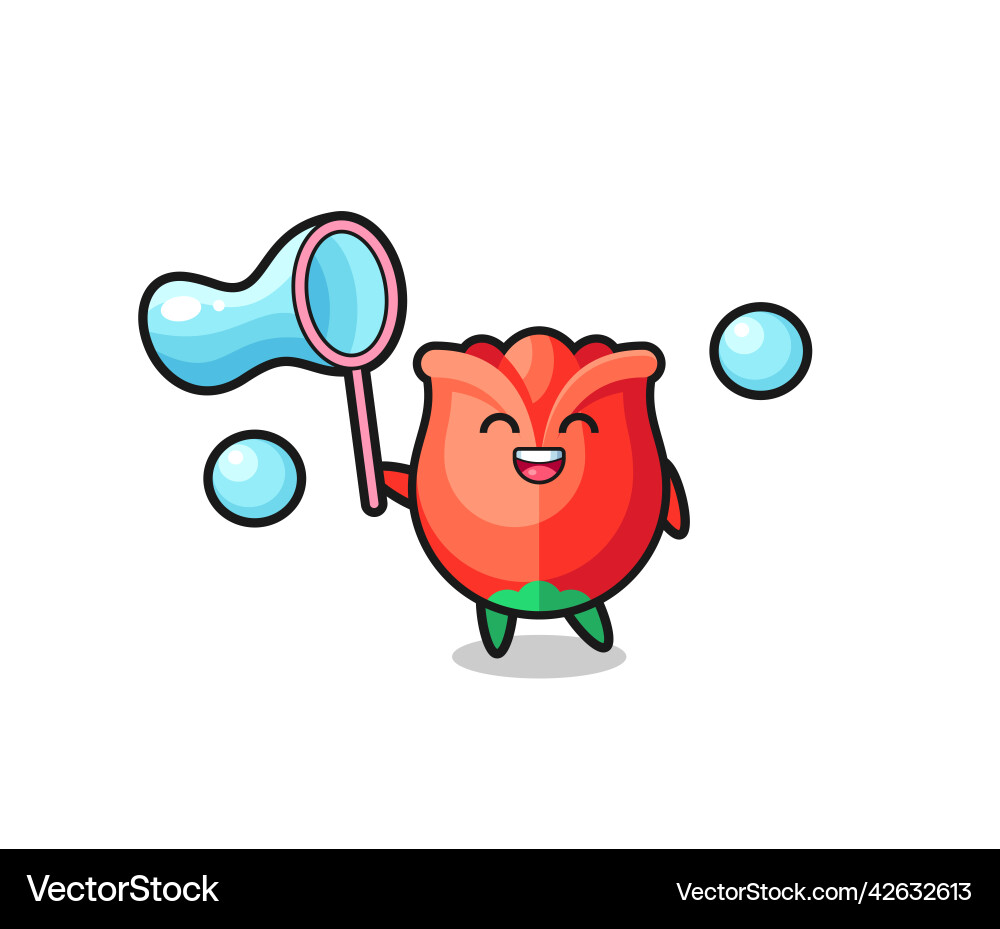 Happy rose cartoon playing soap bubble Royalty Free Vector
