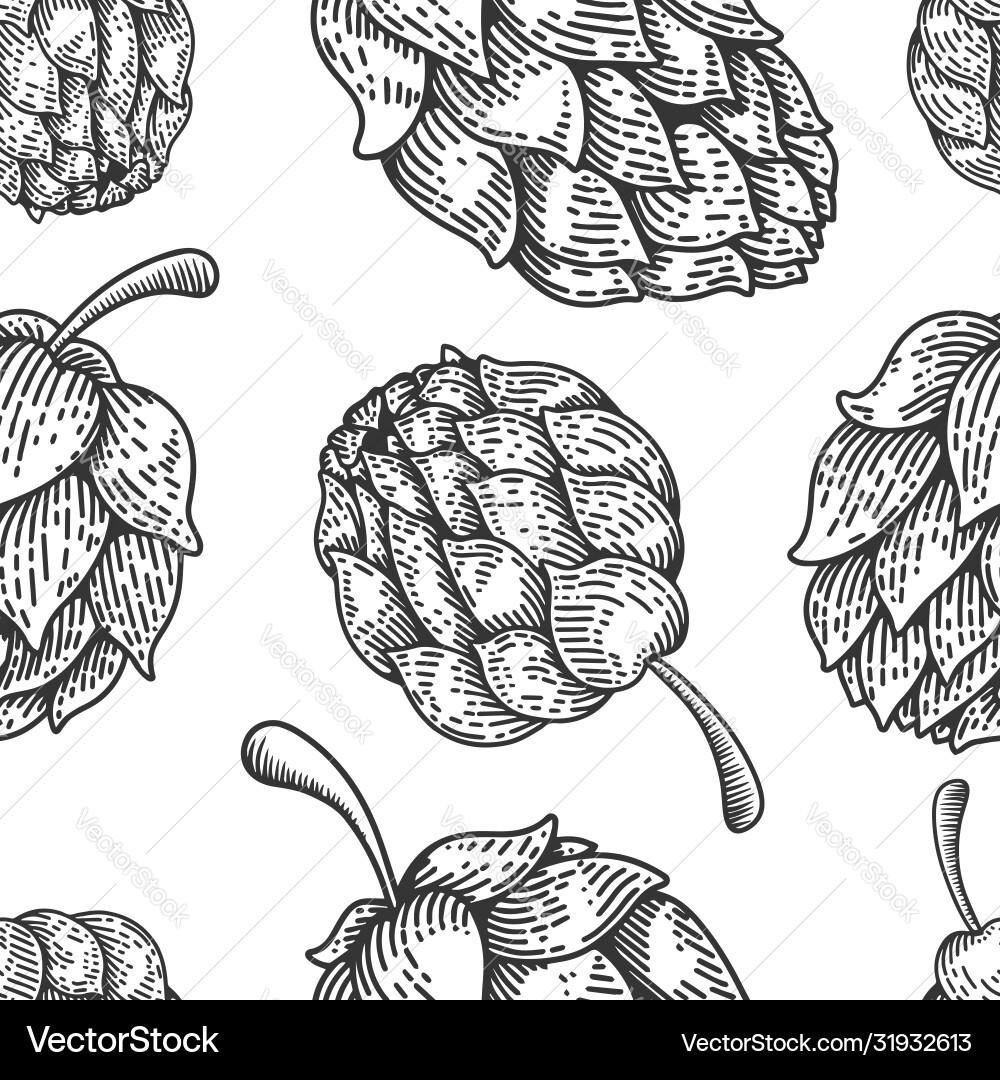 Seamless pattern with beer hop in engraving style Vector Image