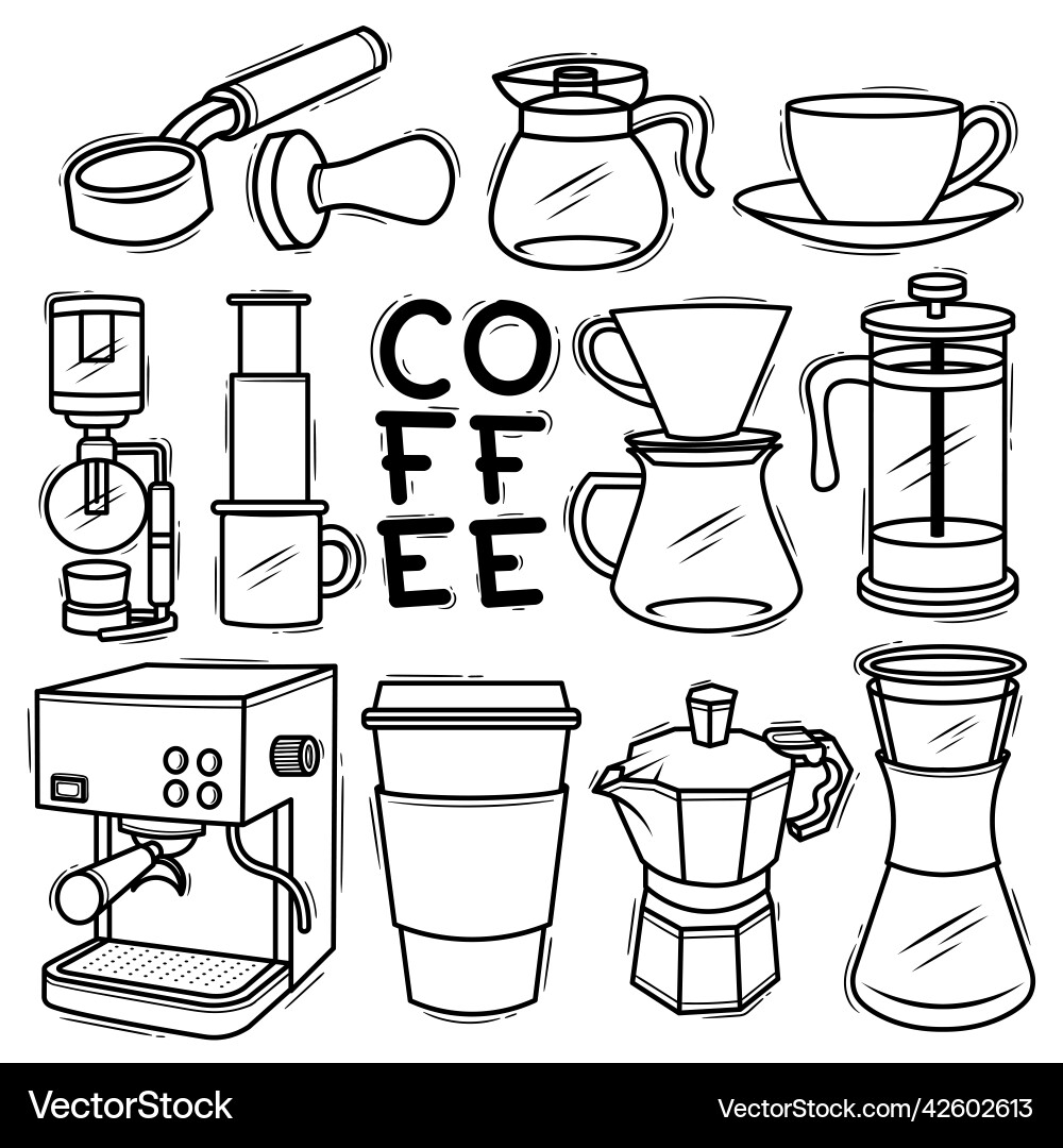 Set coffee makers tools element drawn doodle Vector Image