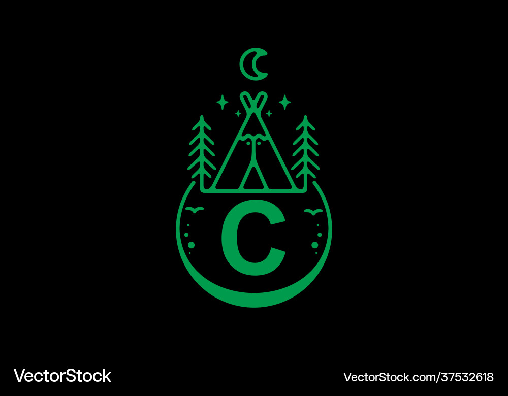 Green color c initial letter in camping circle Vector Image
