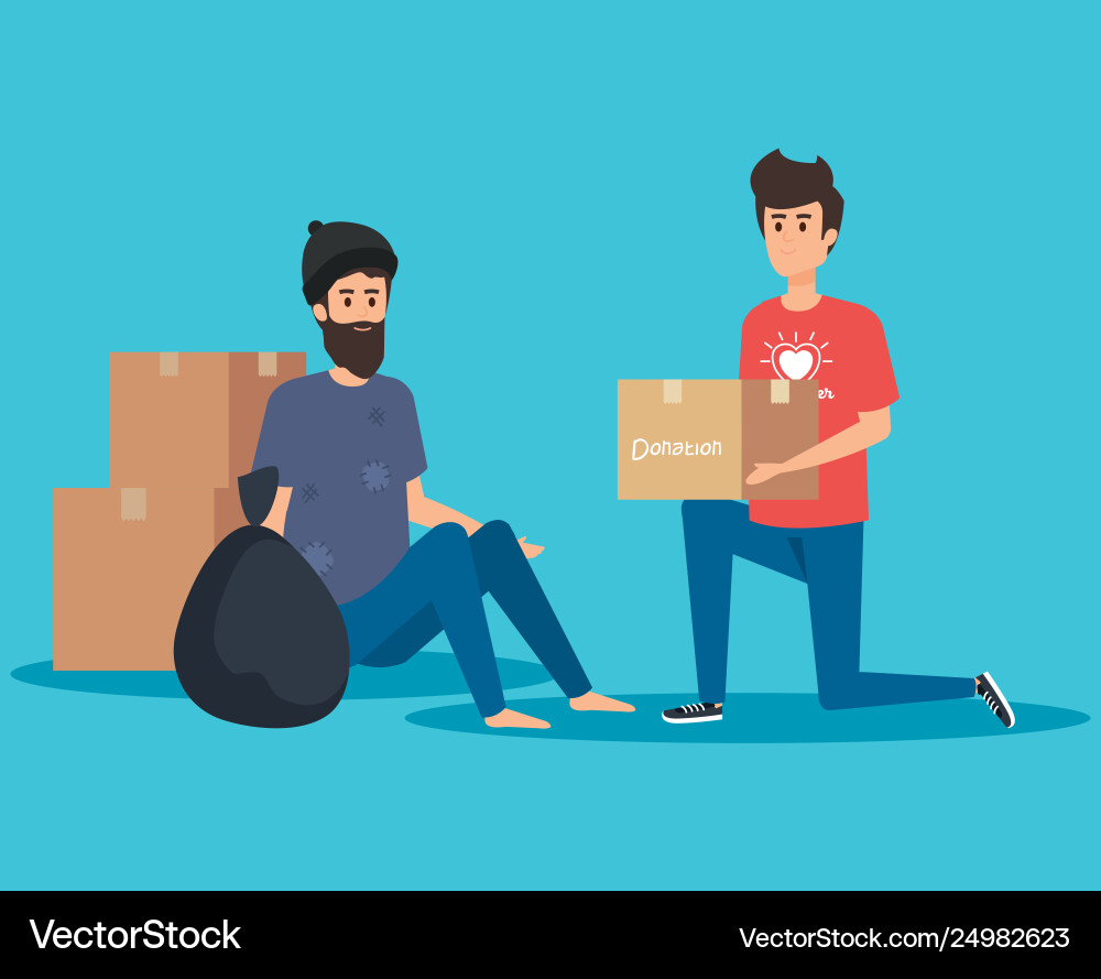 Boy volunteer with box donation to indigent Vector Image