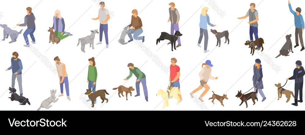 Cynologist icons set isometric style Royalty Free Vector