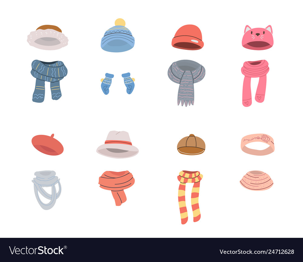 Pairs hats and scarves for cold winter weather Vector Image