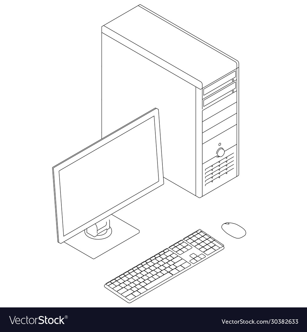 Contour a computer with system unit monitor Vector Image