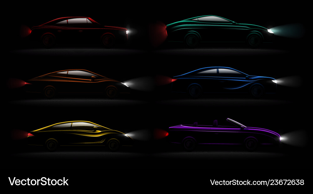Lightened cars darkness realistic set Royalty Free Vector