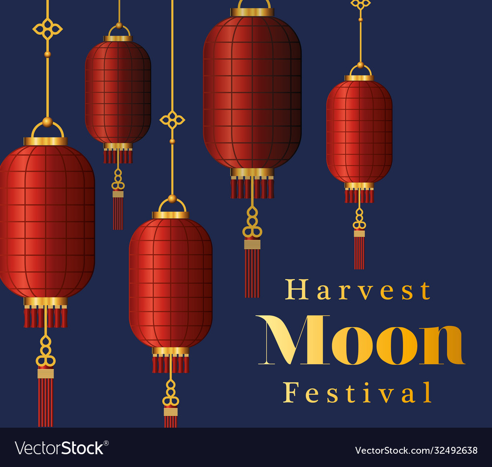Mid autumn harvest moon festival with red lanterns
