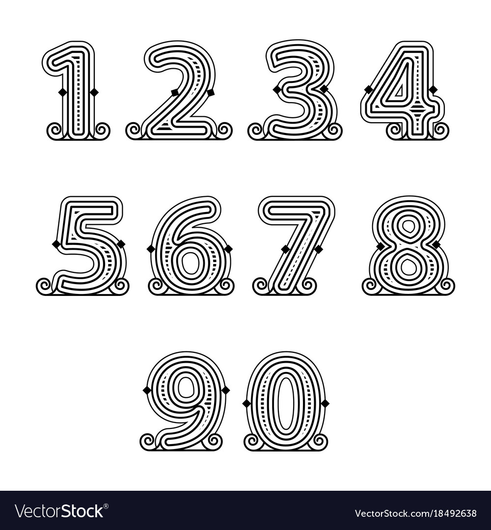 Retro mono line decorative numbers set Royalty Free Vector