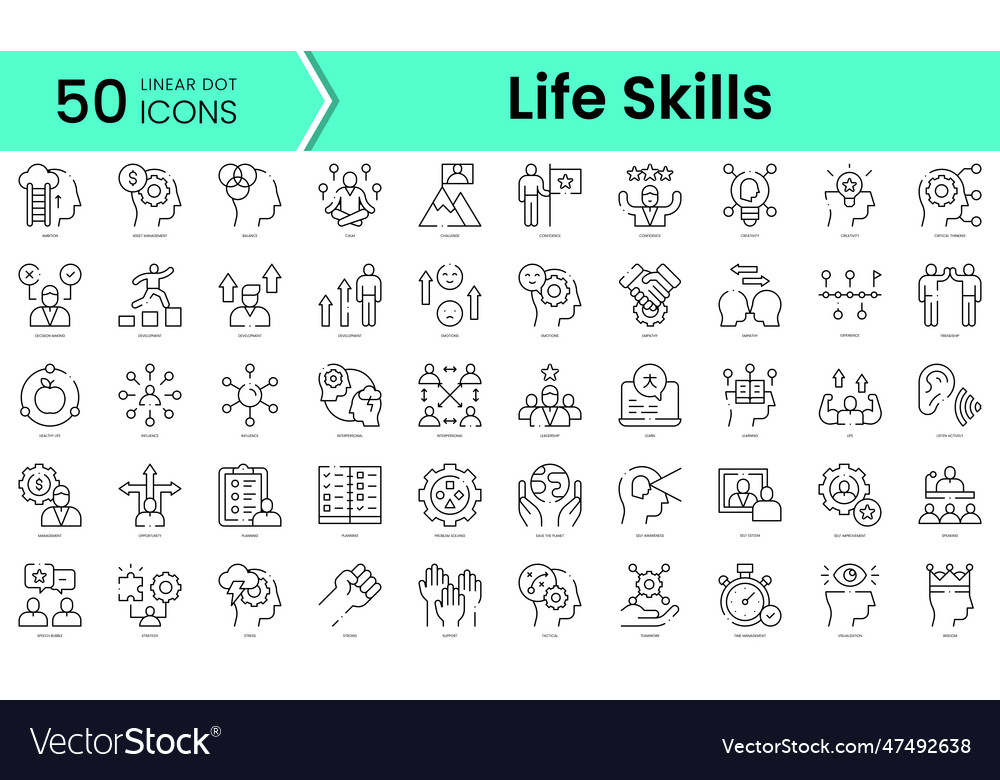 Set of life skills icons line art style Royalty Free Vector
