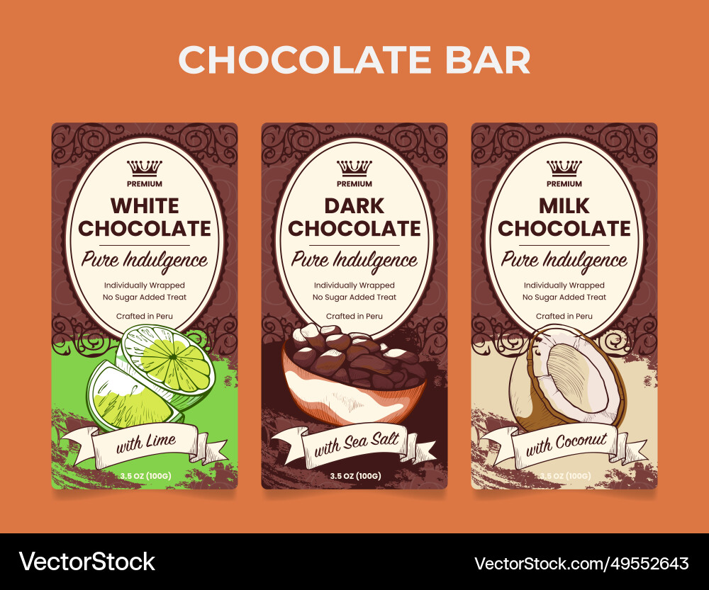 Chocolate bar white dark and milk package label Vector Image
