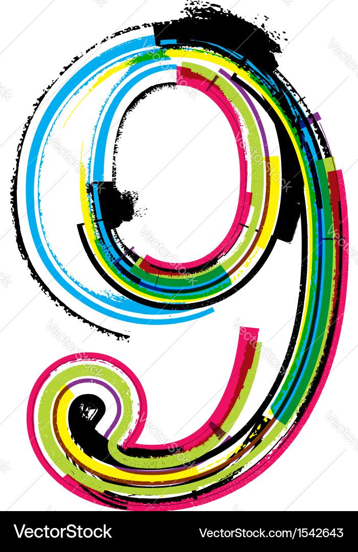 Grunge colorful font number 9 Royalty Free Vector Image