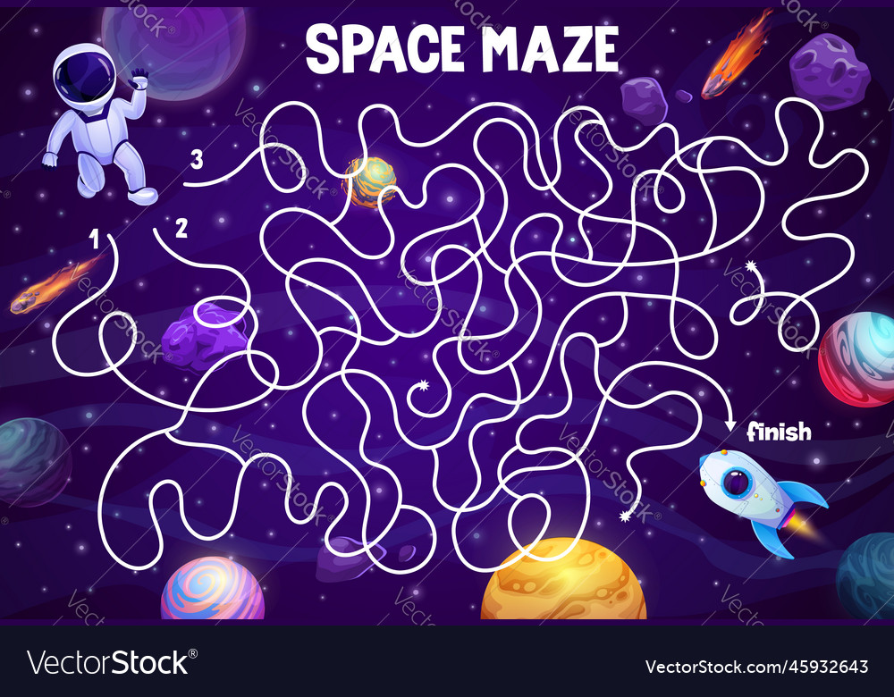 Space labyrinth maze help to astronaut find rocket