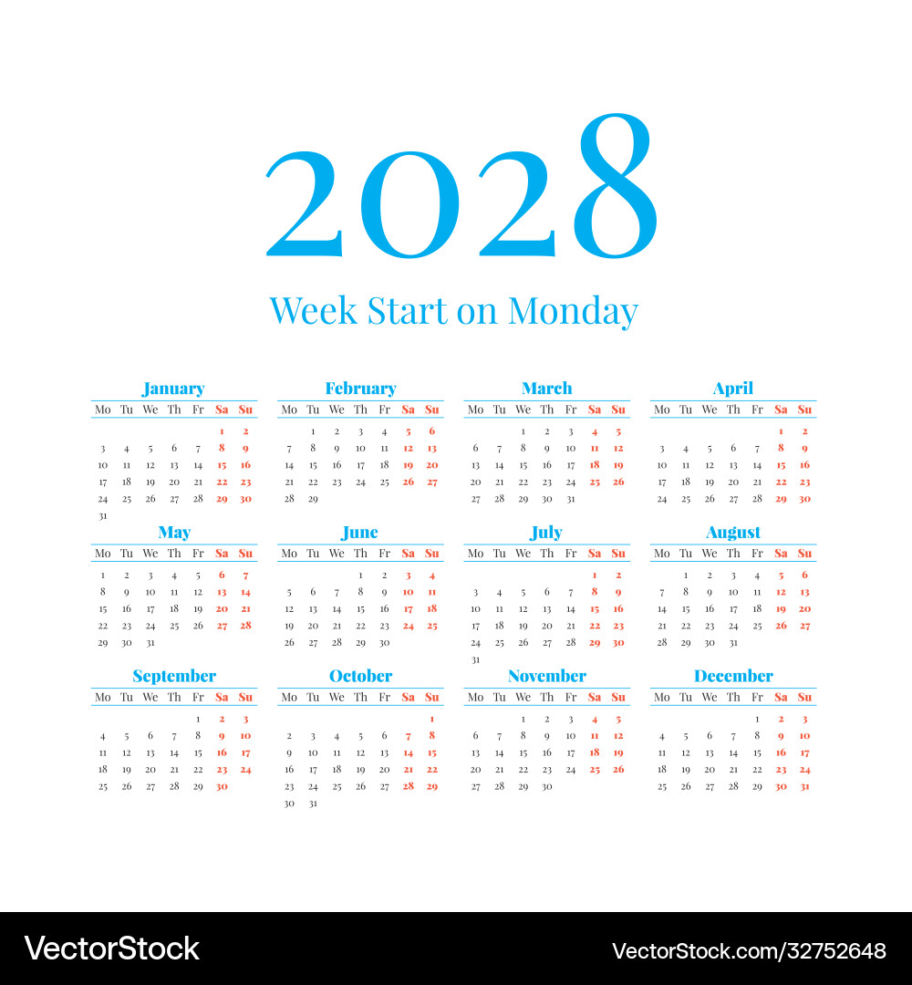 2028 calendar with weeks start on monday Vector Image