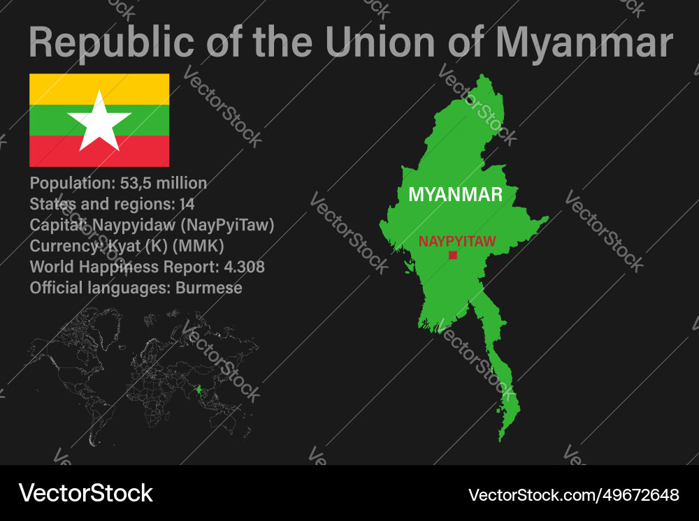 Highly detailed myanmar map with flag capital Vector Image