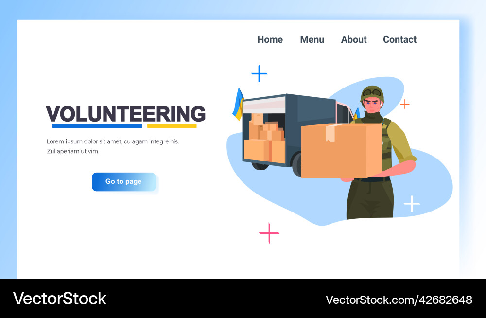 Volunteer in military clothes giving help boxes Vector Image