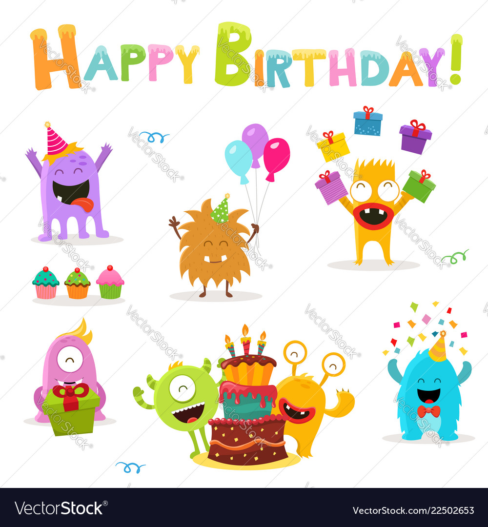 Birthday monsters set Royalty Free Vector Image