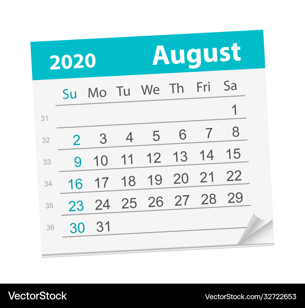 Calendar sheet for month august 2020 Royalty Free Vector