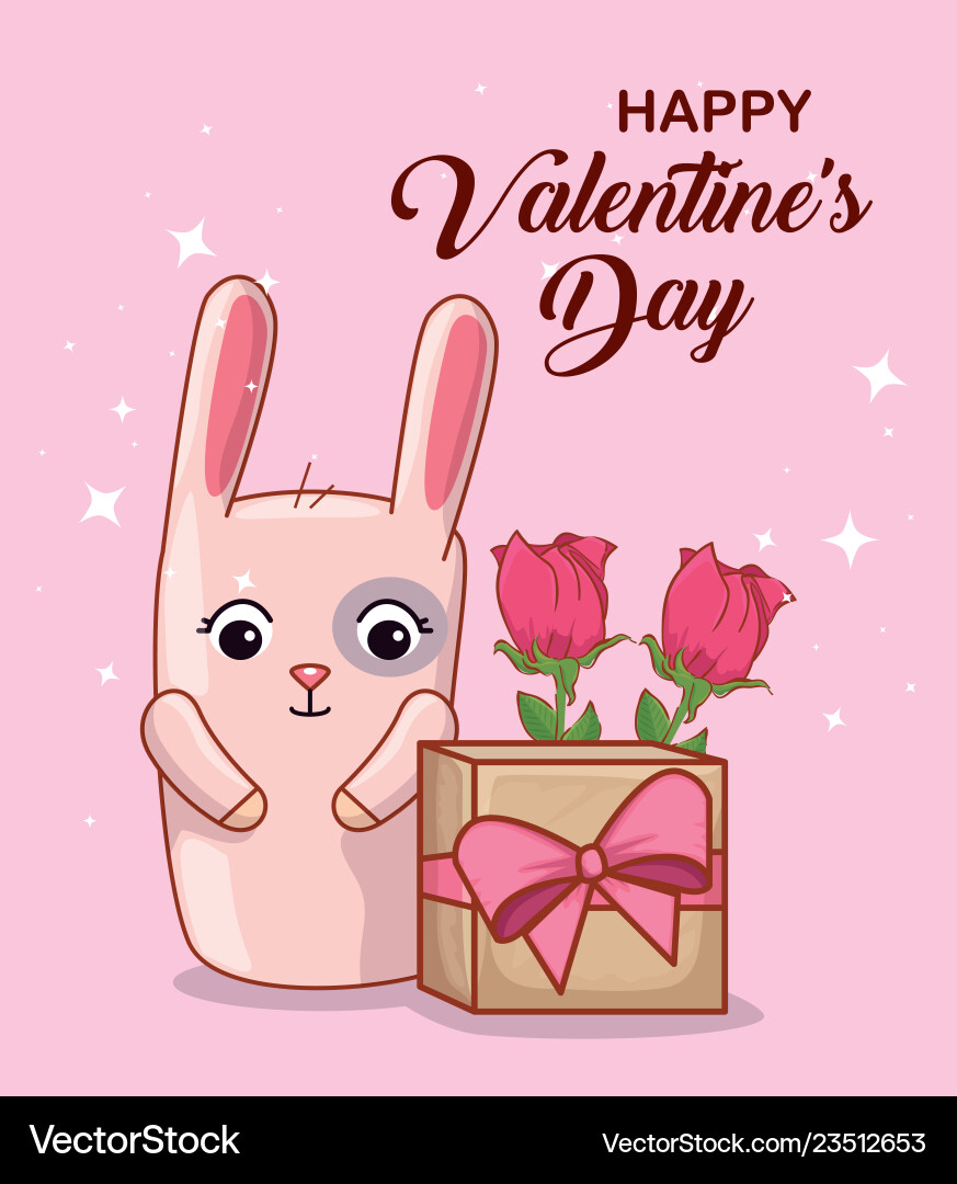 Rabbit with roses plants inside present gift Vector Image