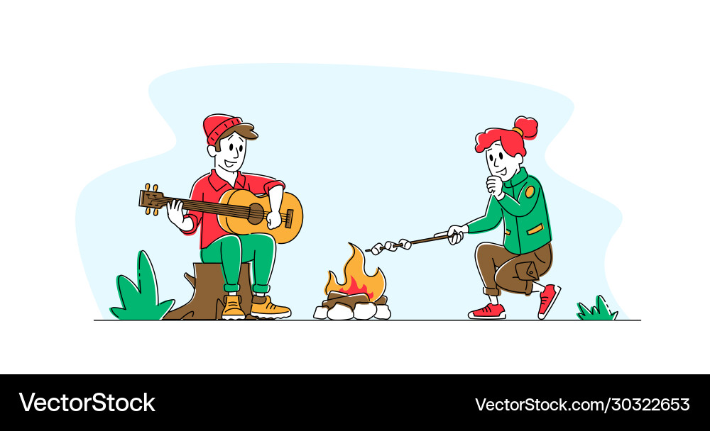 Young couple characters sitting at campfire Vector Image