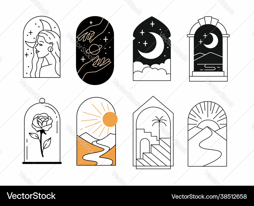 Arch logos in linear style rose and sun Royalty Free Vector