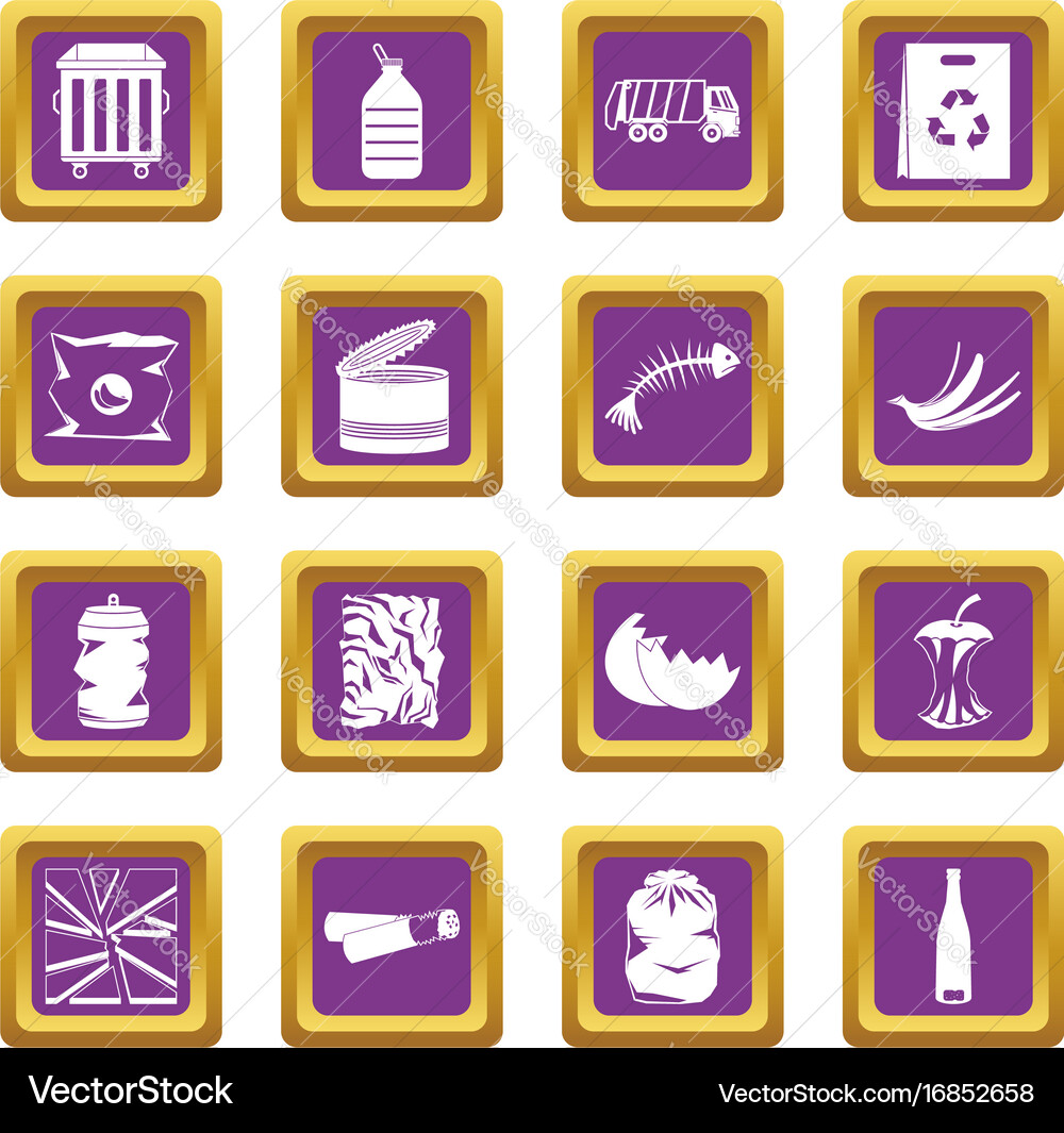 Waste and garbage icons set purple Royalty Free Vector Image