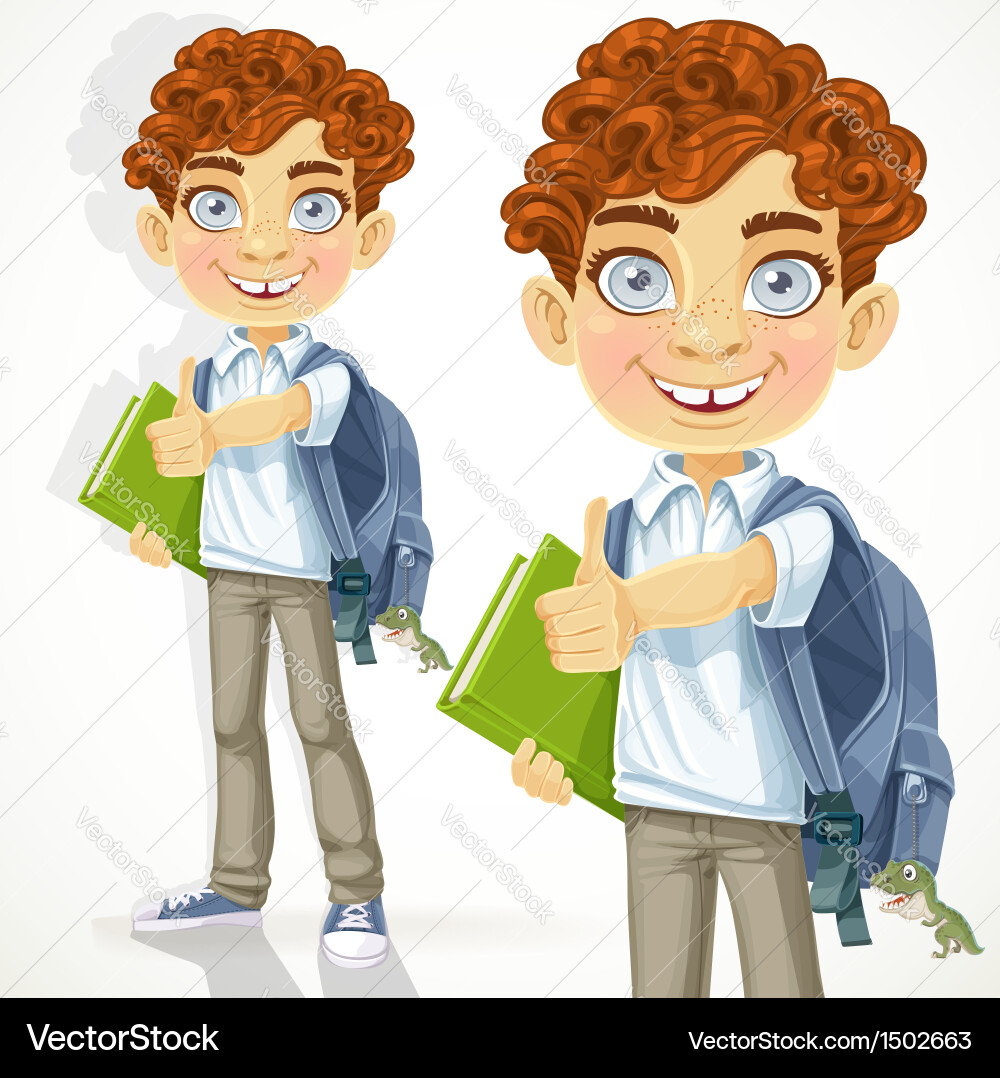 Cute curly-haired boy with books and school Vector Image
