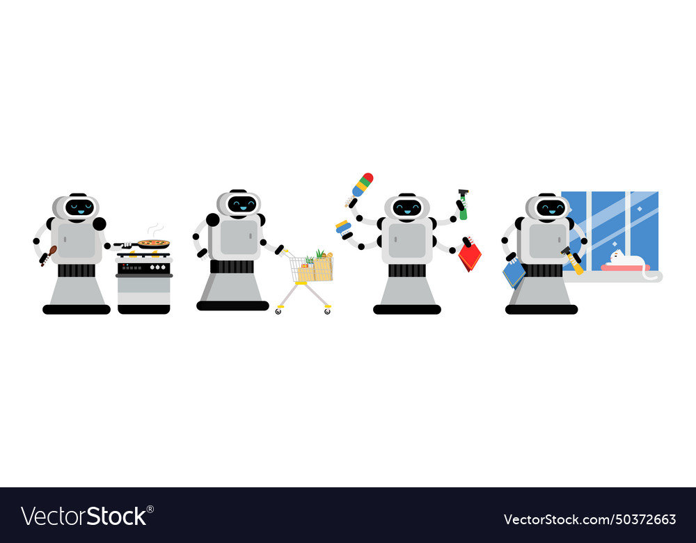 Robot doing housework cleaning and housekeeping Vector Image Robot doing housework cleaning and housekeeping Vector Image