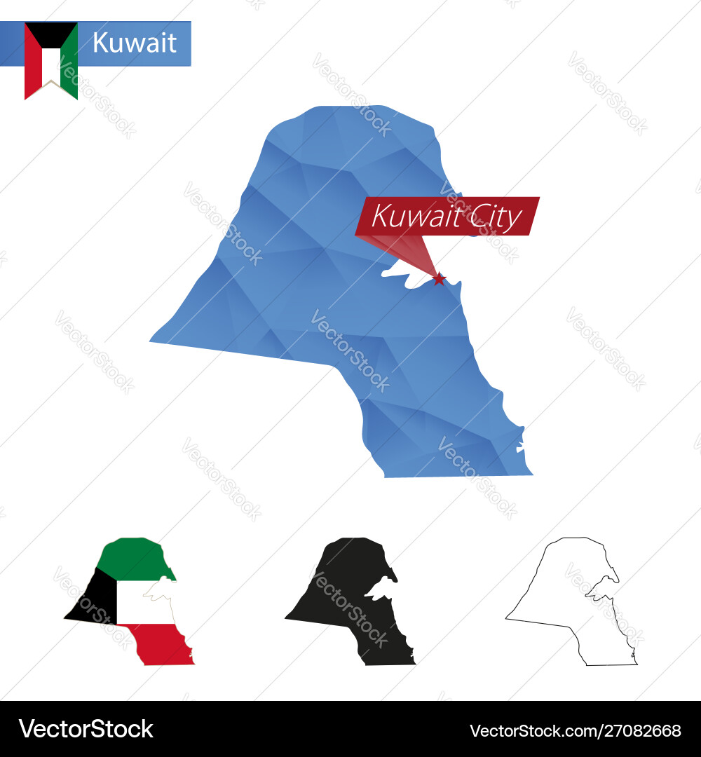 Kuwait blue low poly map with capital kuwait city Vector Image