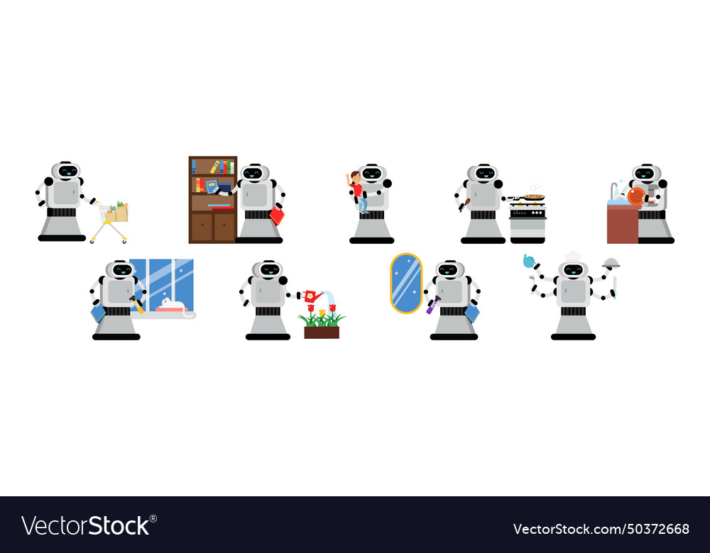 Robot doing housework cleaning and housekeeping Vector Image Robot doing housework cleaning and housekeeping Vector Image