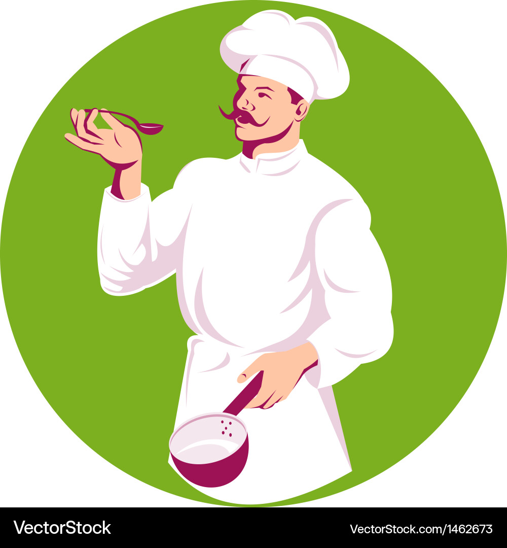 Chef cook baker holding sauce pan and spoon Vector Image