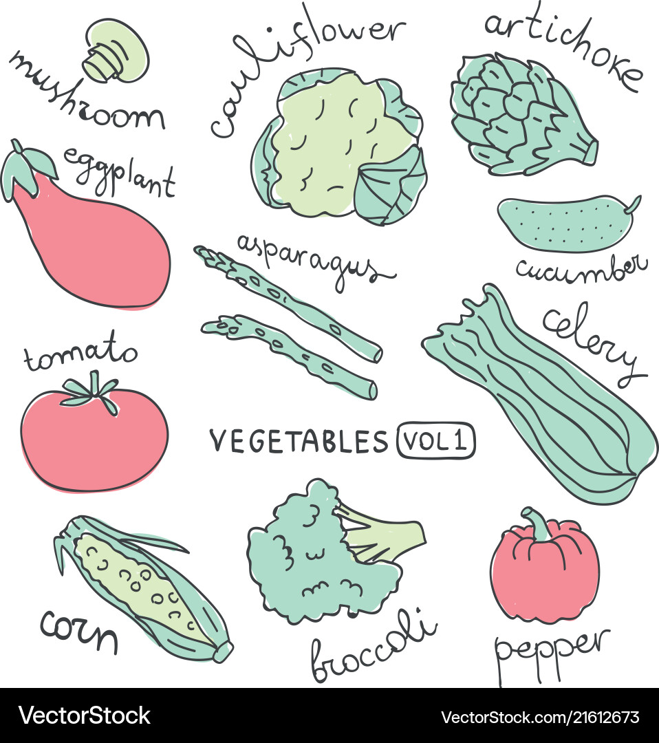 Set with hand drawn colorful doodle vegetables Vector Image