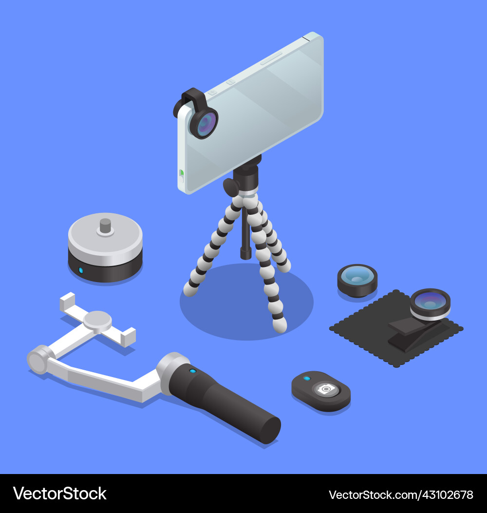 Mobile photography video isometric set Royalty Free Vector